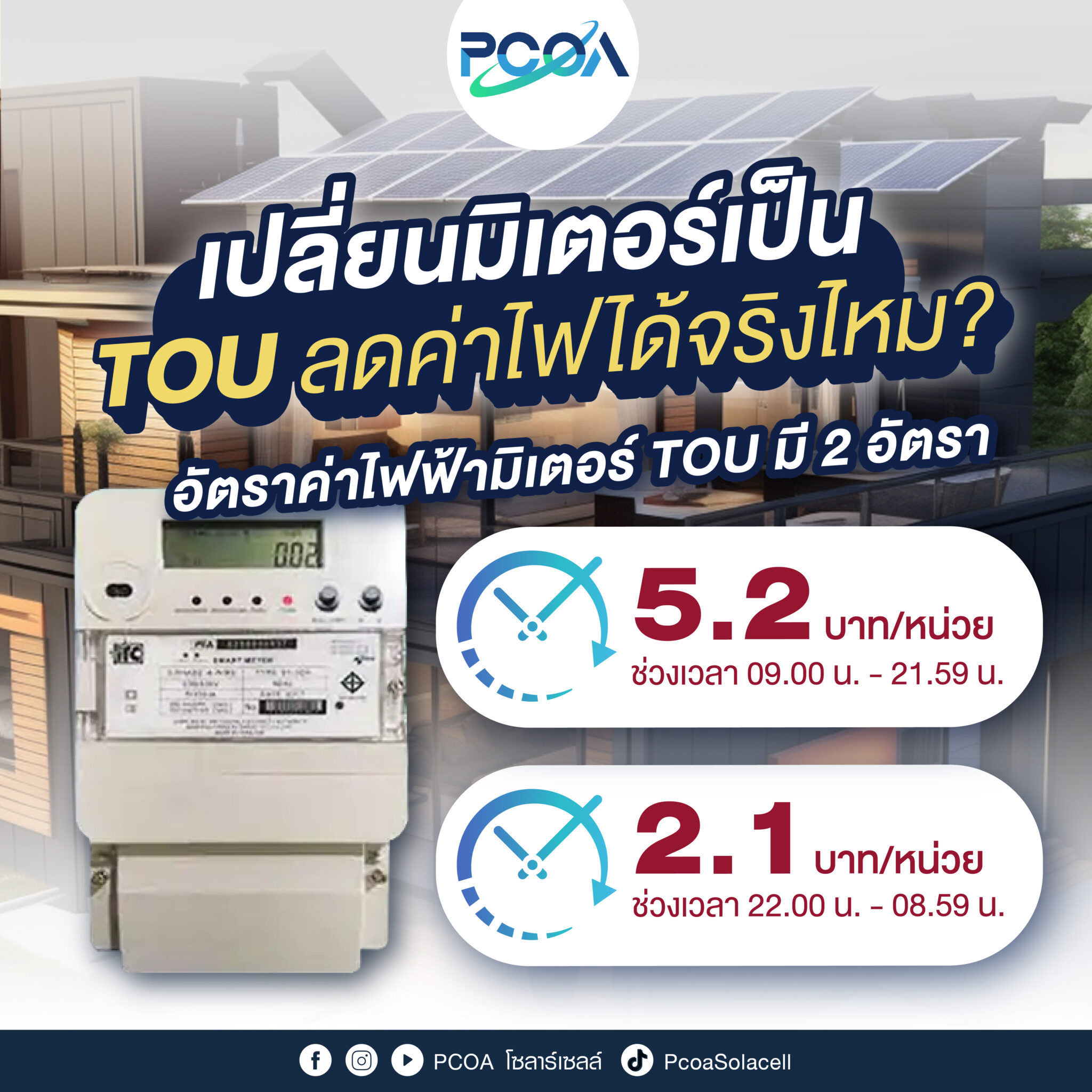 เปลี่ยนมิเตอร์เป็น TOU ลดค่าไฟจริงมั้ย - โซล่าเซลล์พิษณุโลก PCOA ศูนย์บริการงานโซล่าเซลล์ ครบวงจร